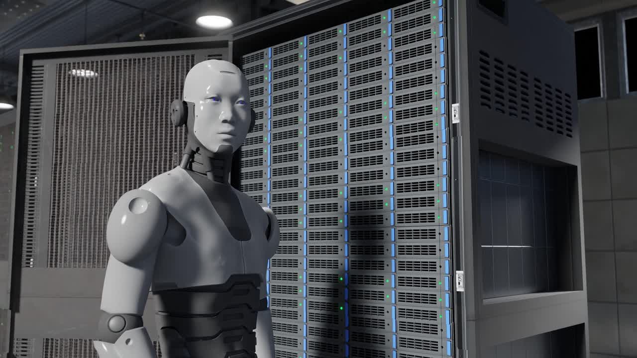Premium stock video - Cyborg humanoid moving around server internet hi ...