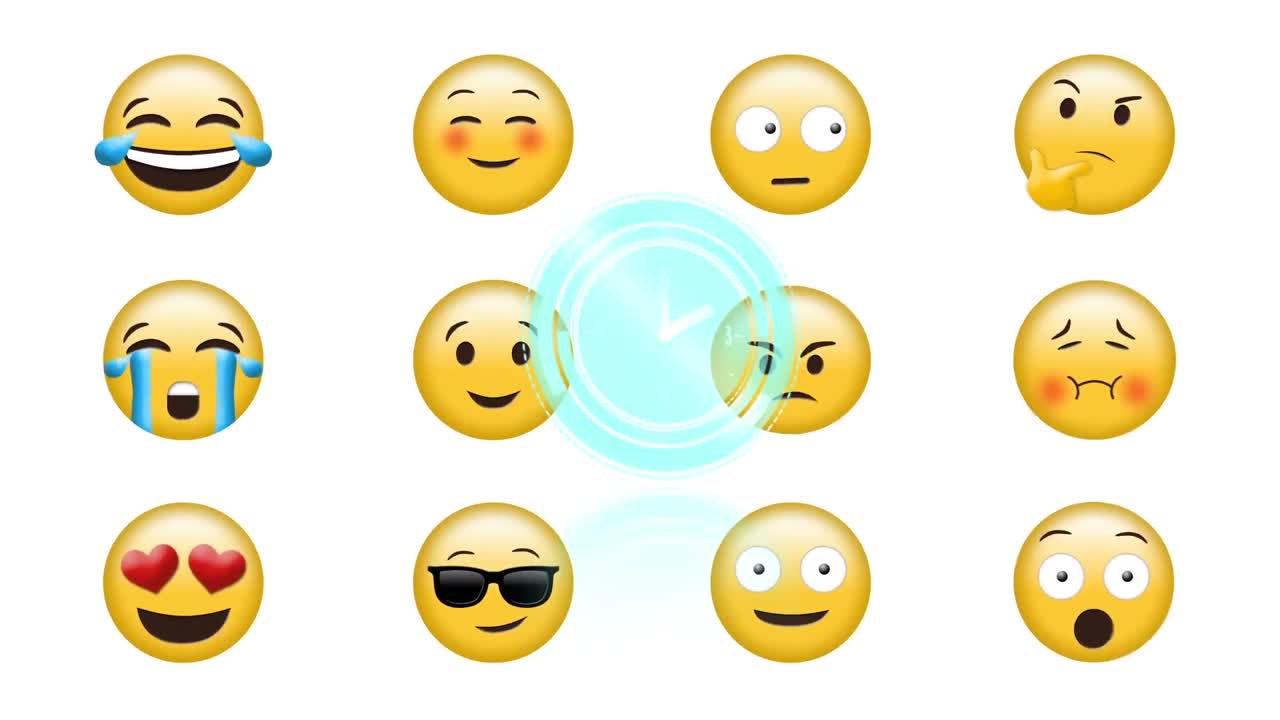 Animation of emojis icons over clock Premium Stock Video Footage