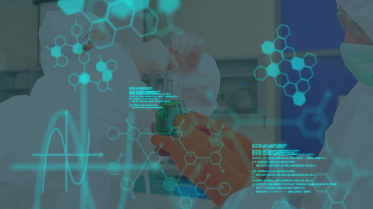 Premium stock video - In laboratory, scientists analyzing data with hexagonal molecular ...