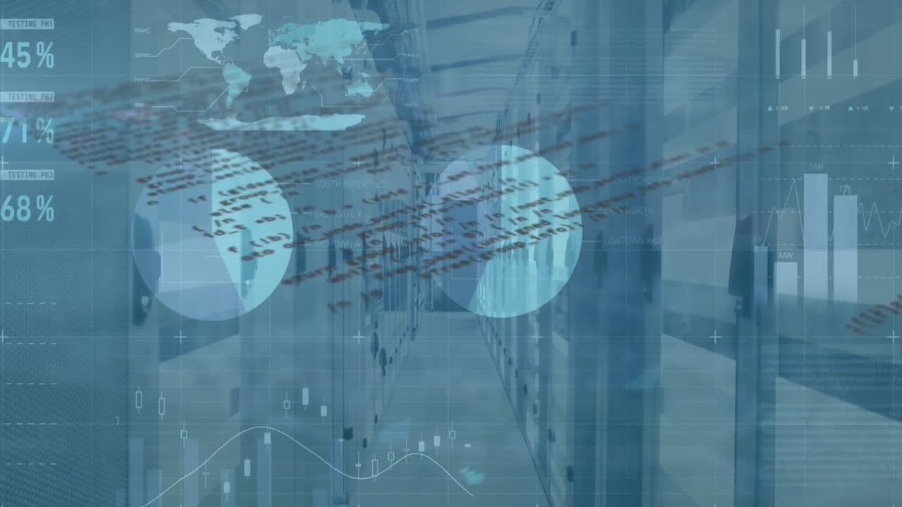 Premium stock video - Animation of statistical data processing against empty computer server room