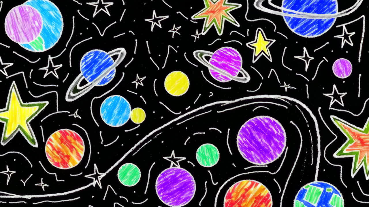 Colorful Crayon Drawing of Space with Planets and Stars | Premium Stock ...