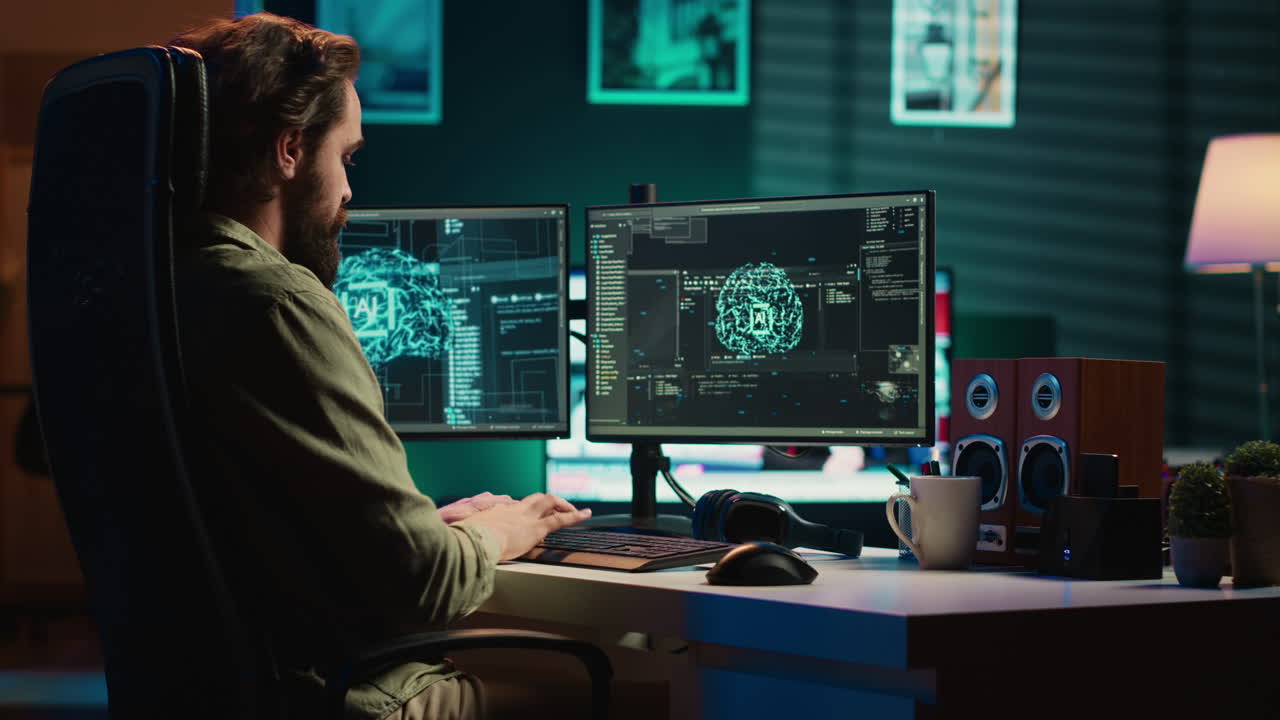 Developer inserting disk into pc containing conscient ai waving hand Premium Stock Video Footage