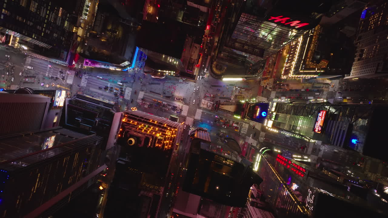 Aerial Birds Eye Overhead Top Down Footage Of Times Square At Night ...
