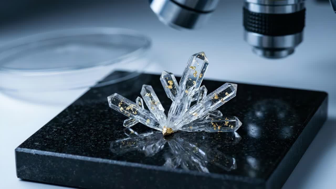 Quartz Crystal with Gold Flakes Under Microscope | Premium Stock Video ...