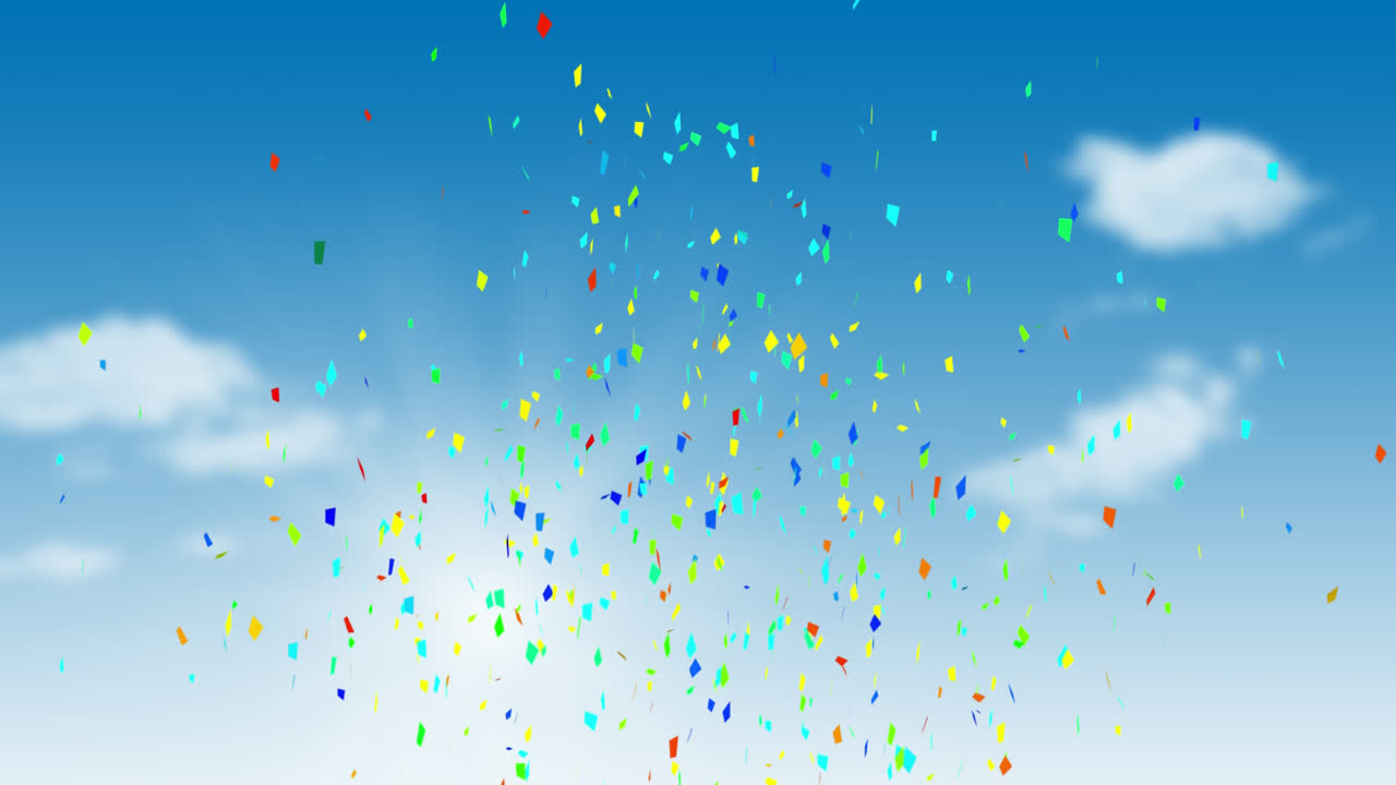 Premium stock video - Animation of multi coloured confetti falling against blue sky