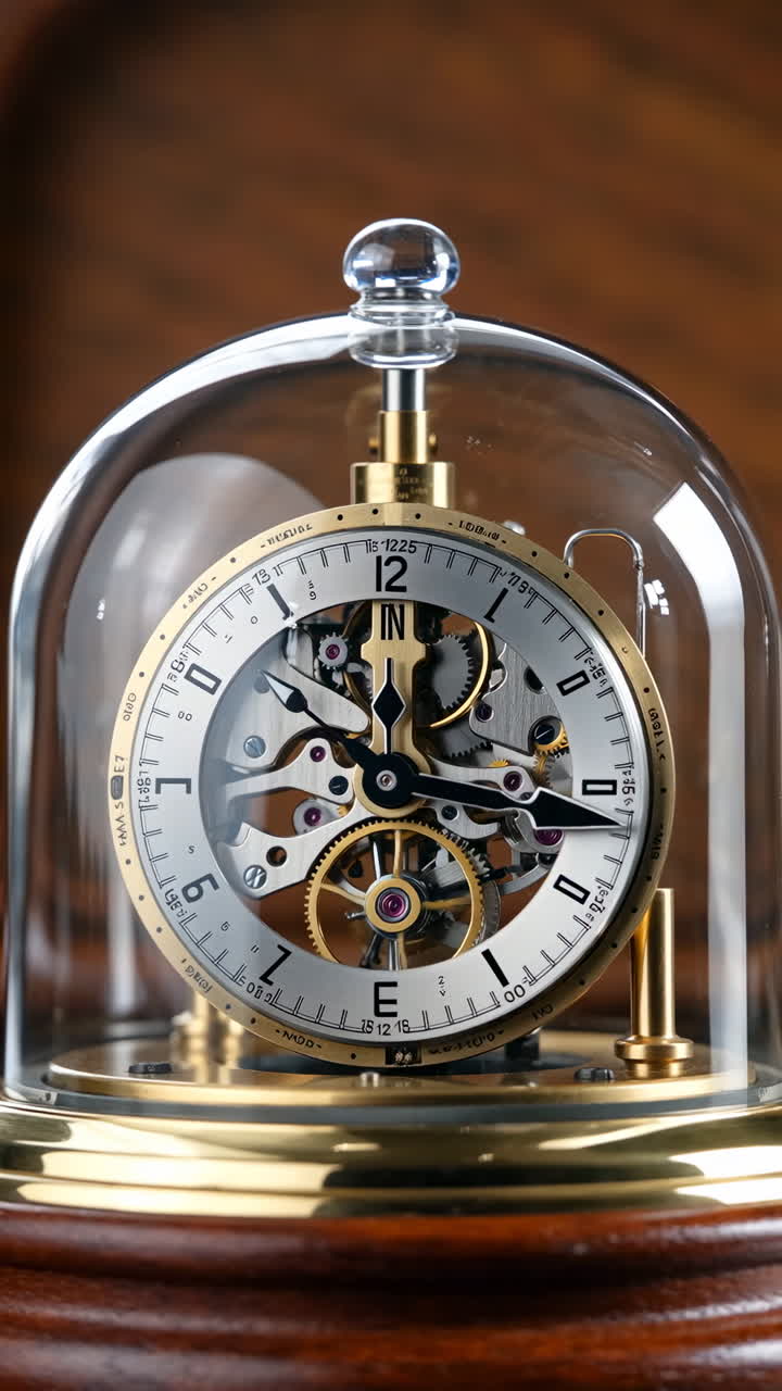 Exquisite Mechanical Clock Under Glass Dome | Premium Stock Video Footage