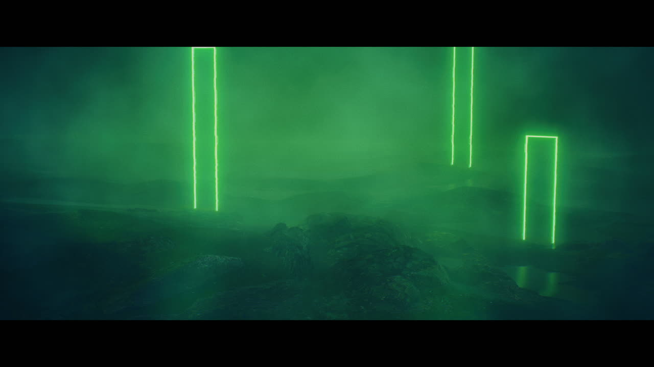 Rocky landscape with huge green light portal structures | Premium Stock ...