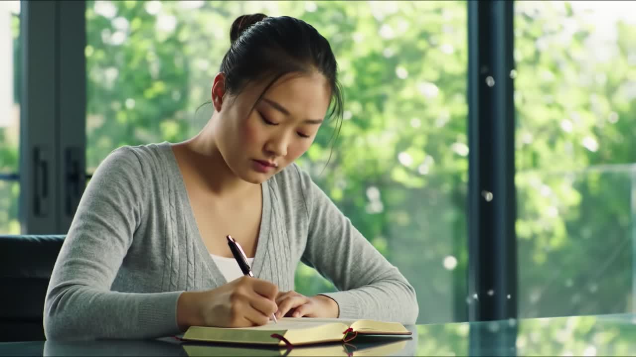 A Focused Woman Engaged in Writing in her Notebook, Capturing Thoughts ...