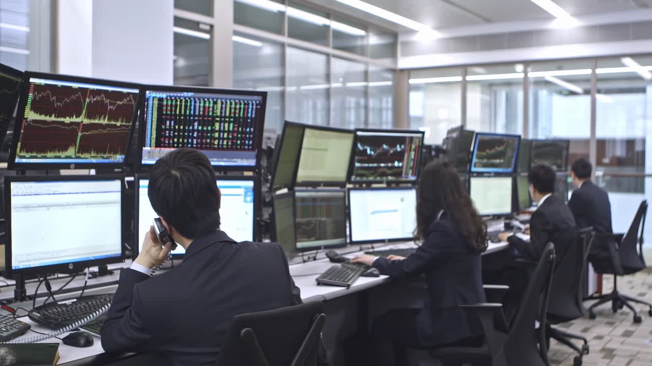 Investment bank stock securities work scene. stock market trading room ...