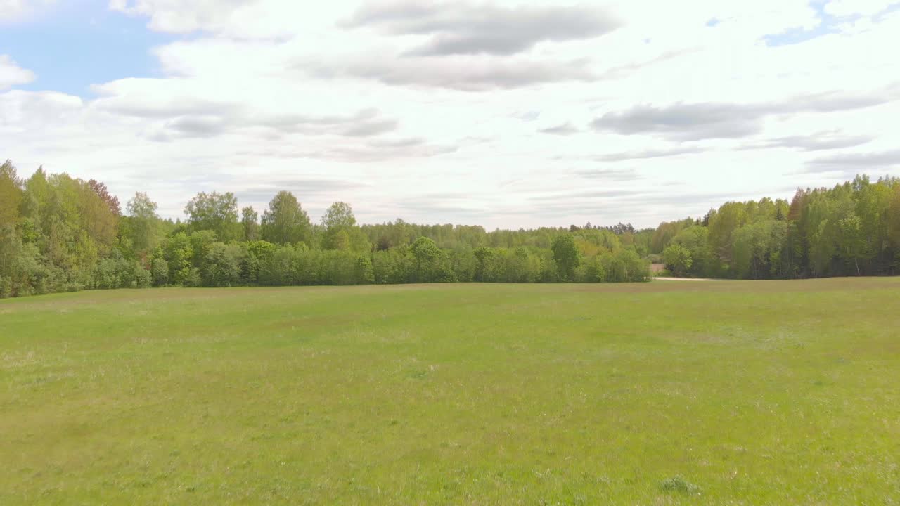 Drone flying forward open grass field in natural park on sunny day ...