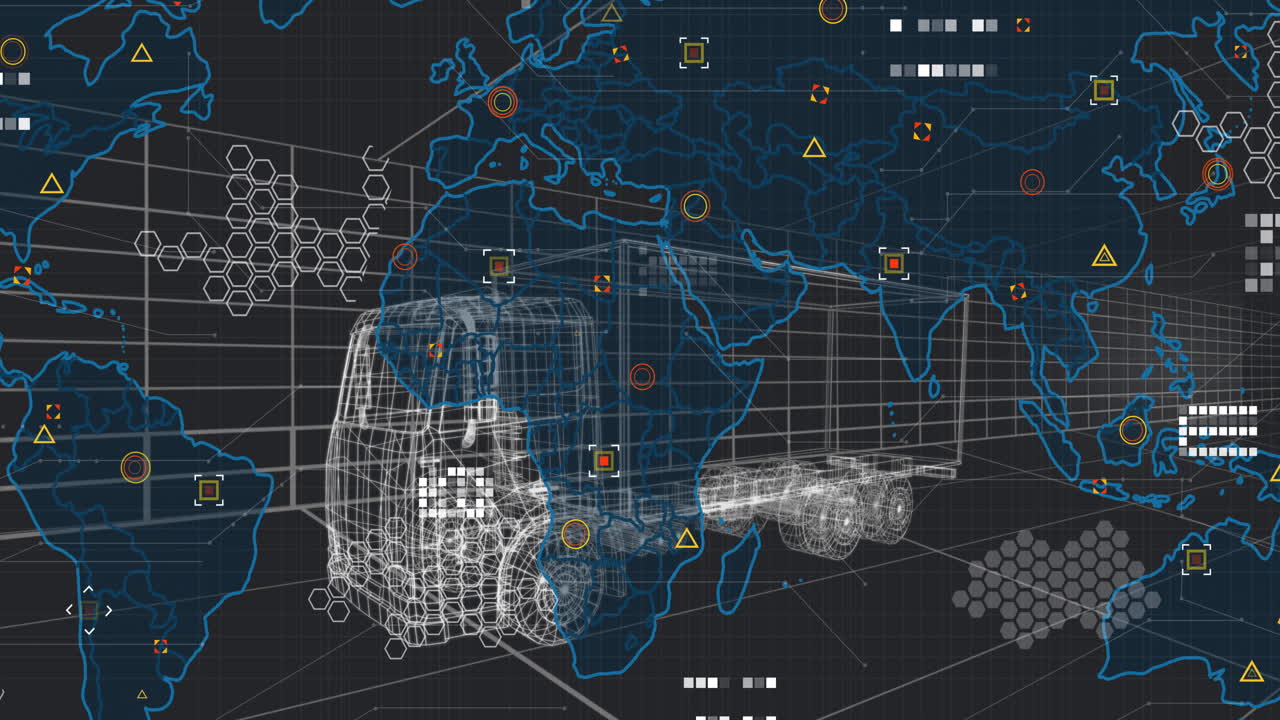Displaying wireframe semi?trailer truck moving across world map ...