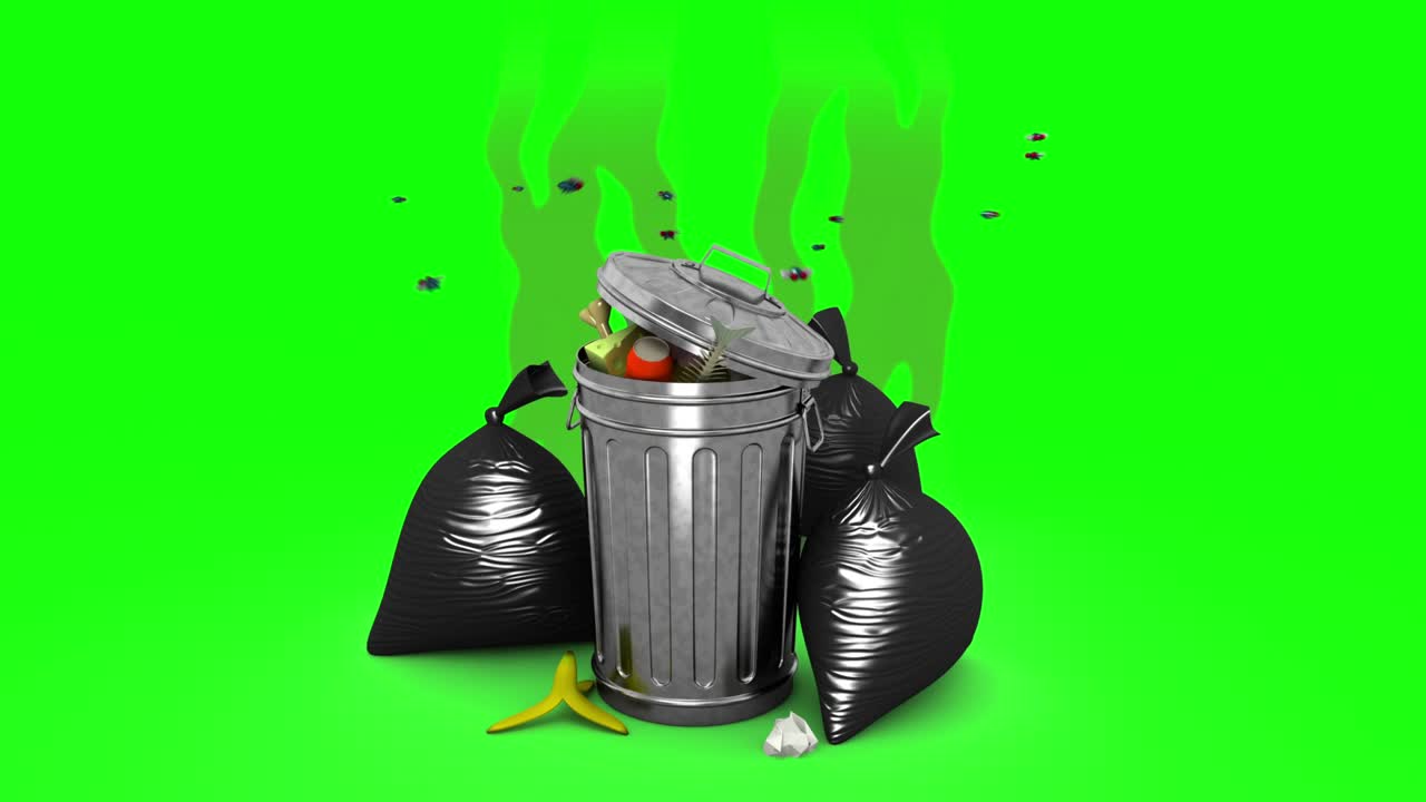 Smelly garbage bin and garbage bags. 3D animation. Green screen ...