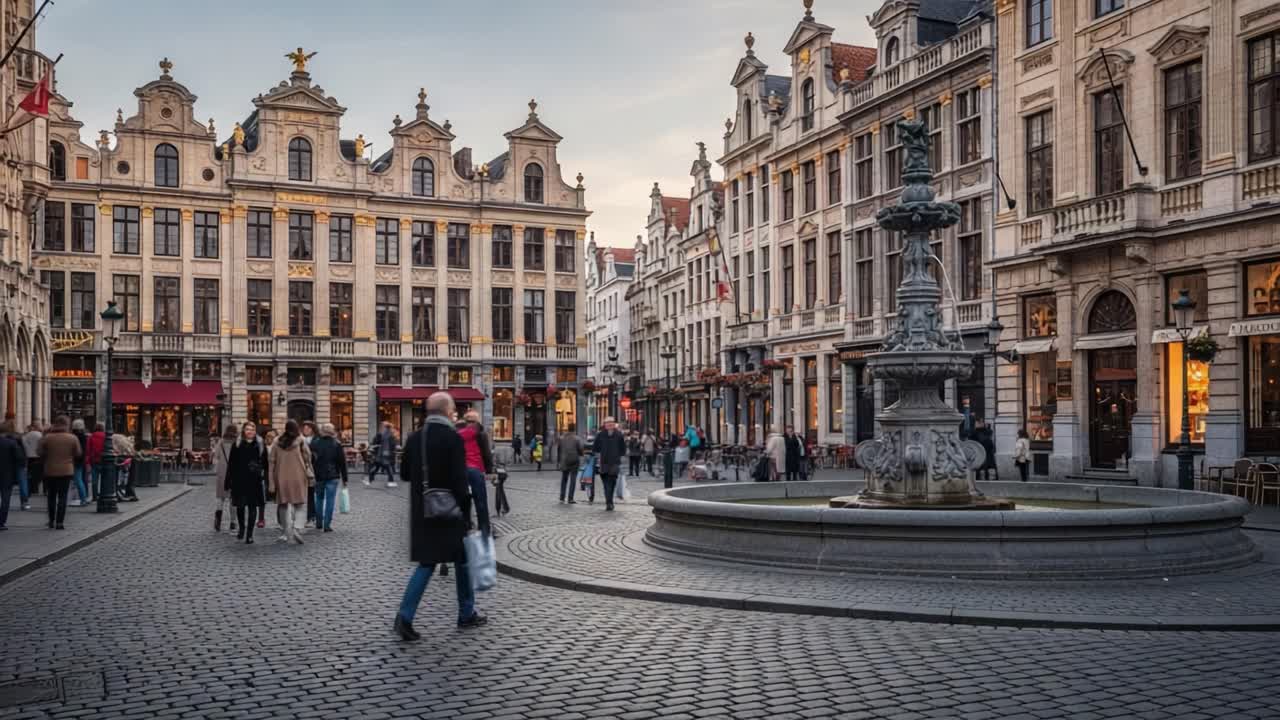 Historic European City Square with Fountain and People at Dusk ...