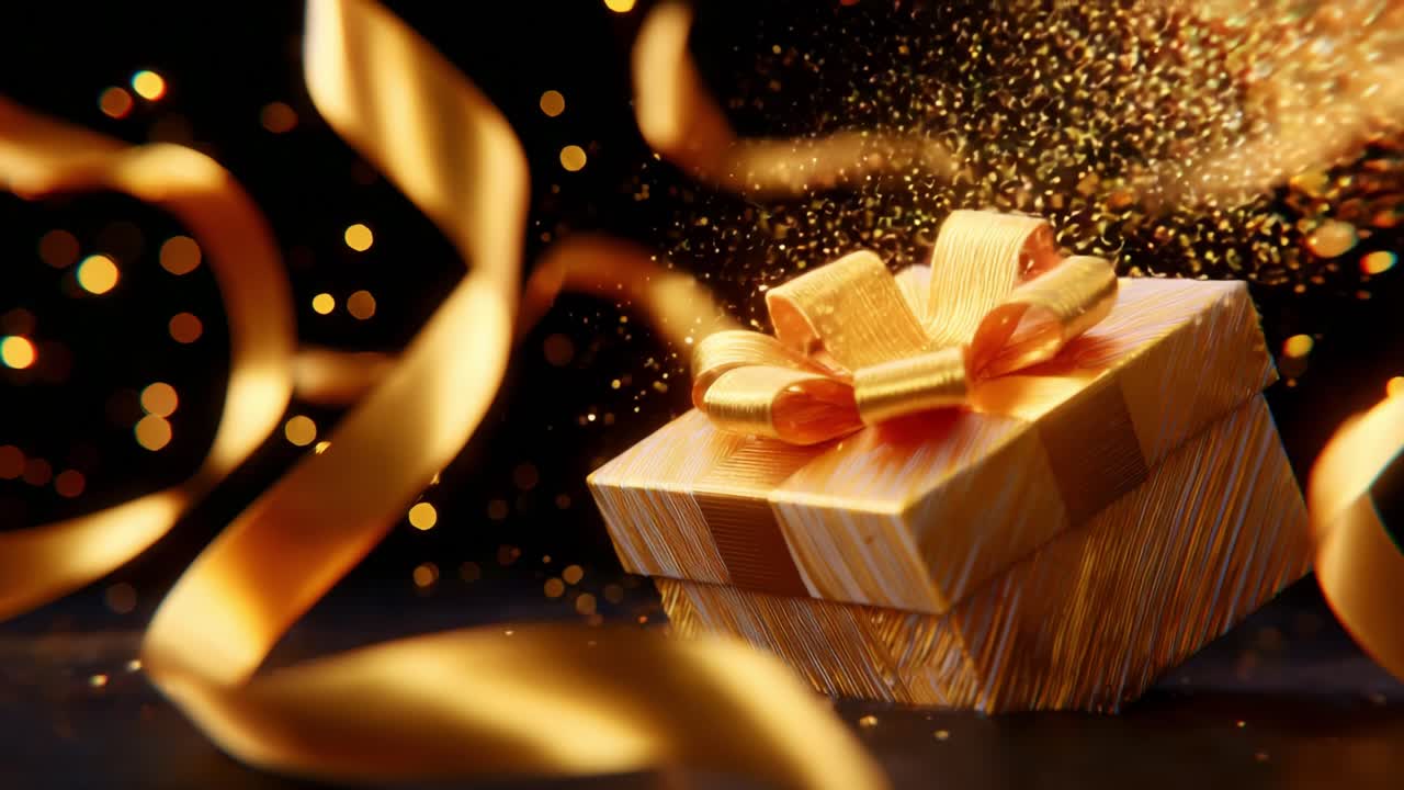 A beautifully wrapped present with a golden bow, surrounded by ...