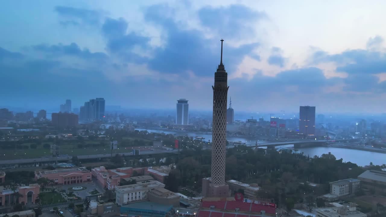 Aerial of the cairo tower, a prominent modern landmark in cairo, graces ...