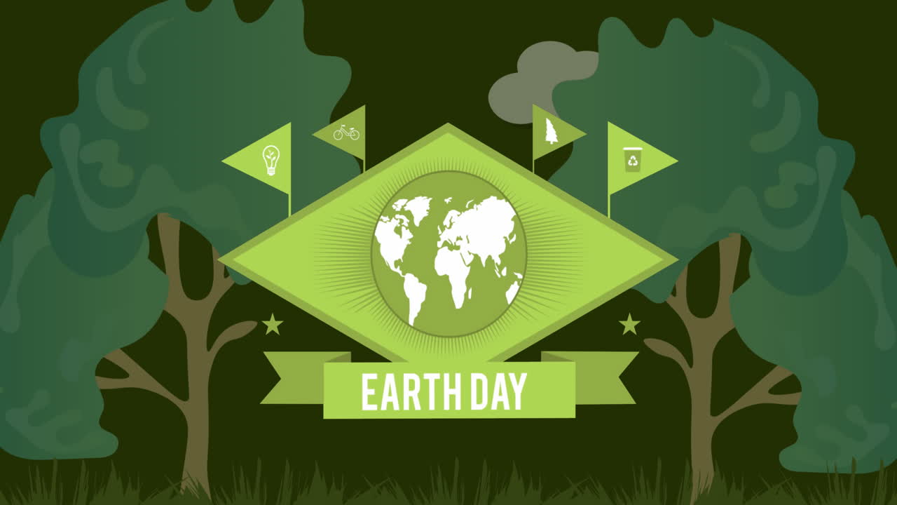 Animation of globe and earth day with flags over trees on dark green ...