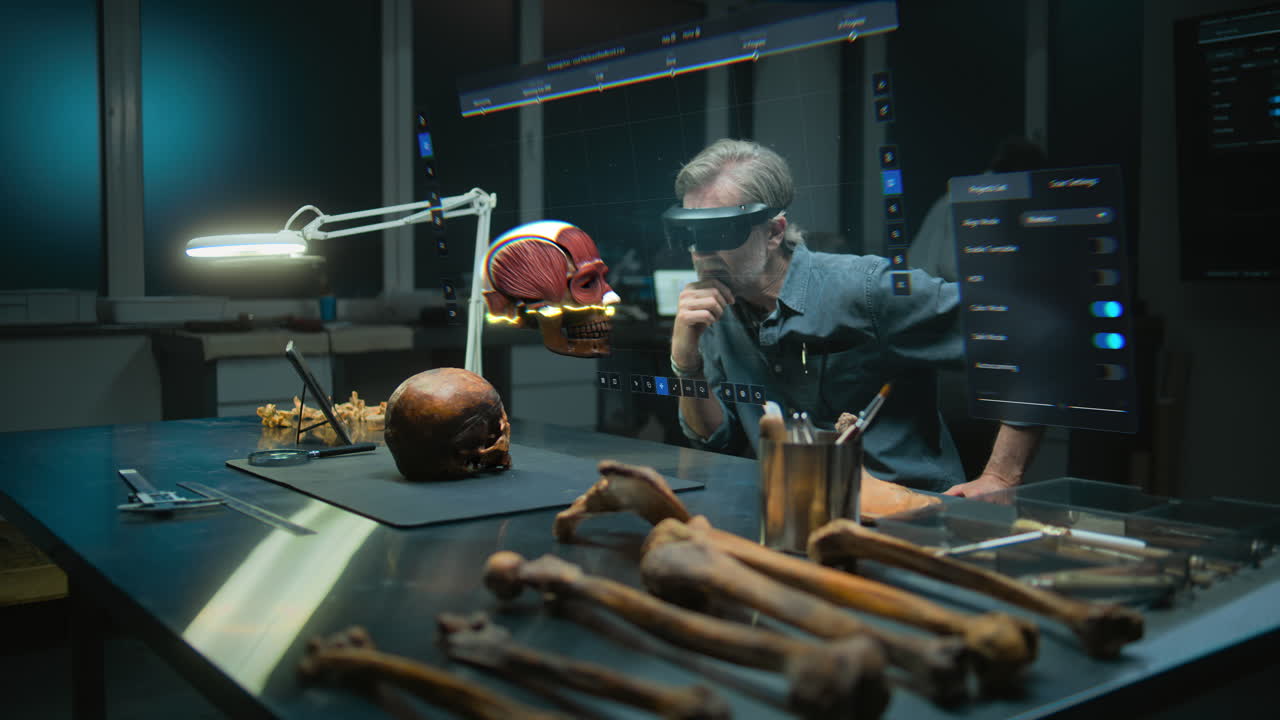Premium stock video - Man wearing vr headset working with bones and ...