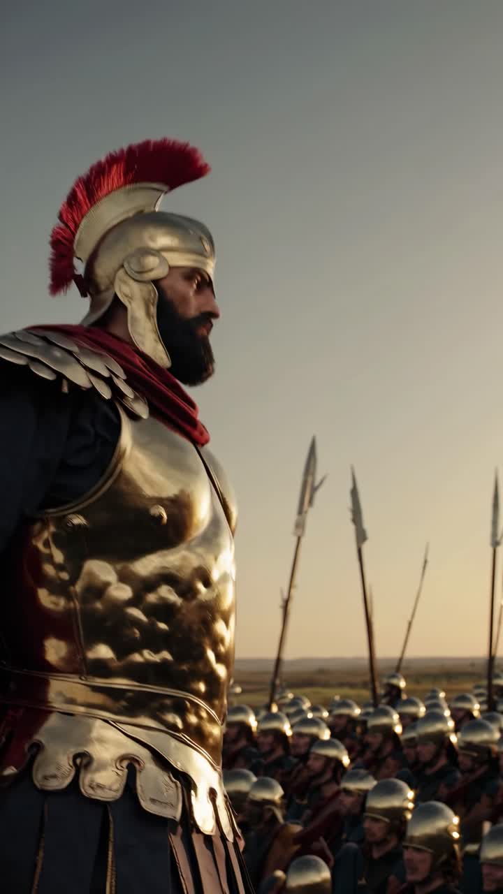 Epic video scene of an ancient warrior in armor, captured from a low ...