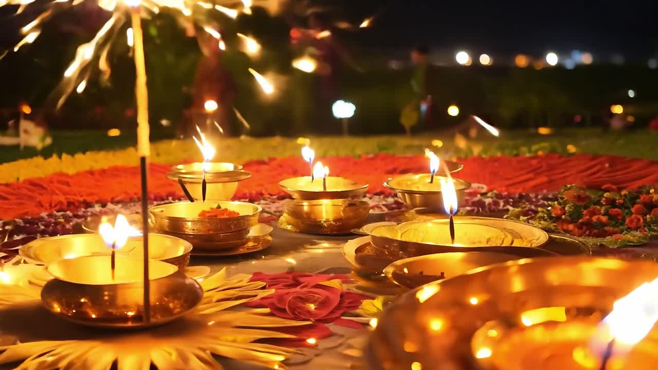 Diwali celebration with lights and fireworks Premium Stock Video Footage