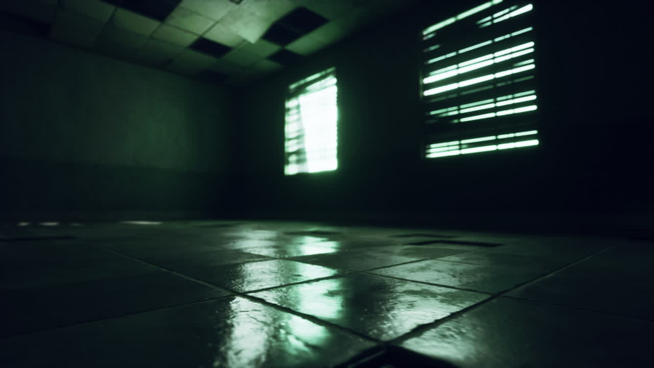 Dark and Empty Prison Cell with Green Tiled Floor and Two Windows ...