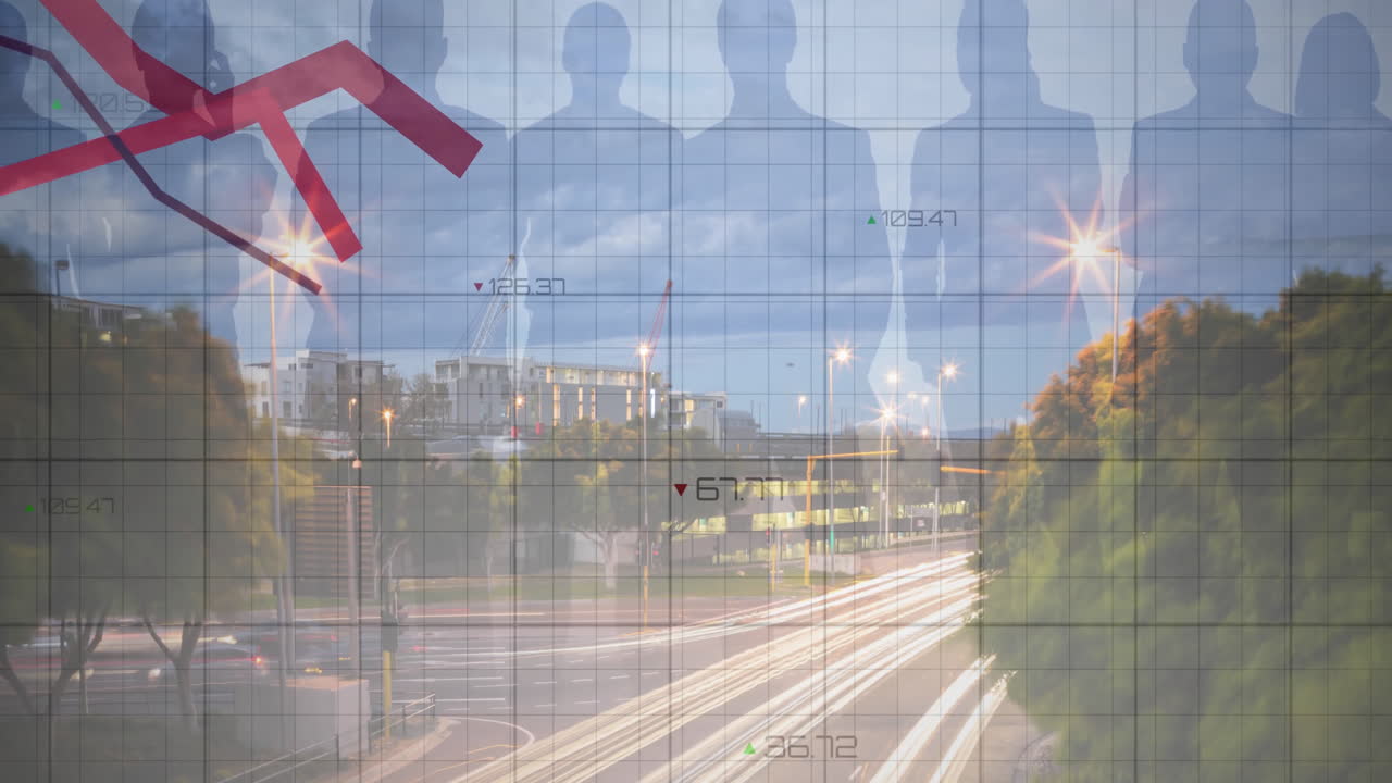 Premium stock video - Animation of chart over grid and cityscape