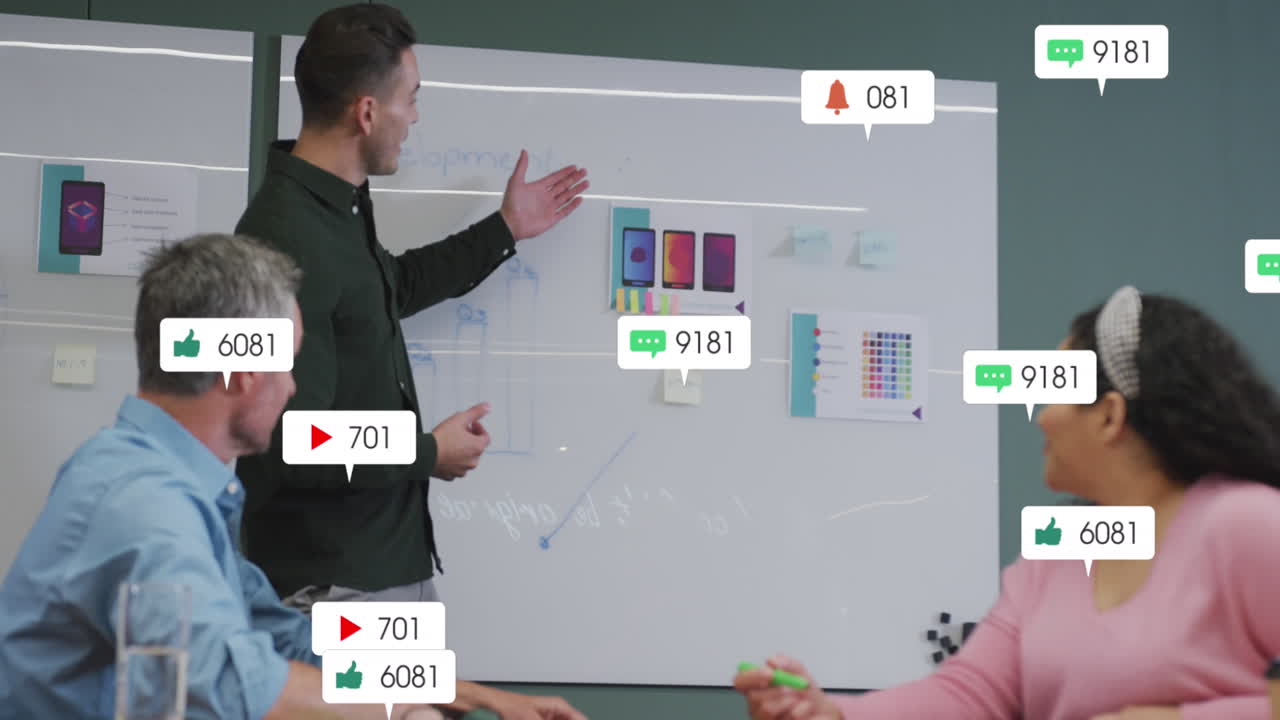 Animation of notification bars over diverse man explaining product ...