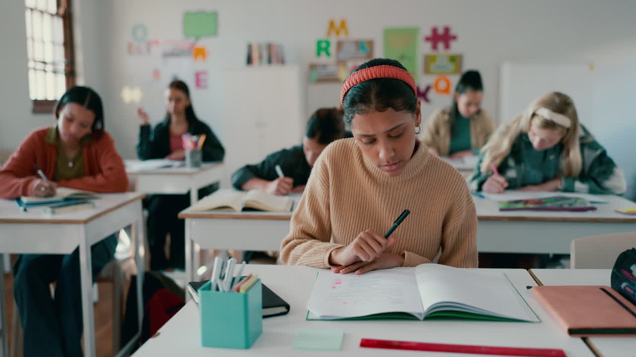 Assessment, student and writing test in classroom Premium Stock Video ...