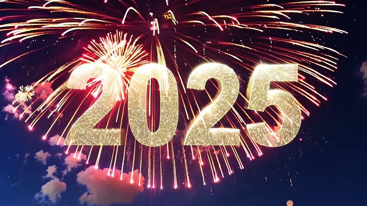 golden 2025 numbers appearing with fireworks exploding in the night sky ...