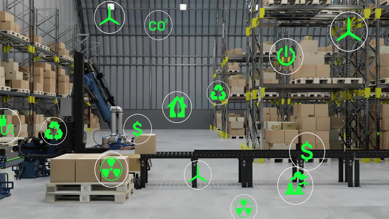 Animation of ecology icons over warehouse Premium Stock Video Footage