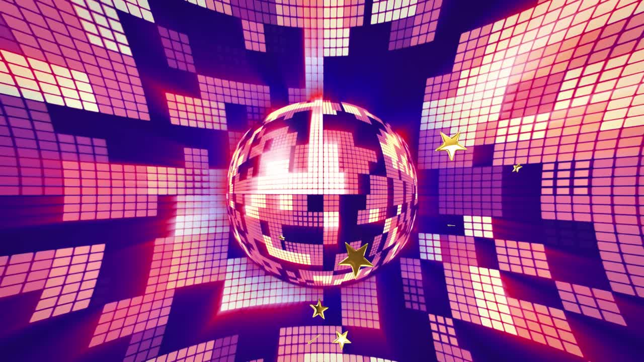 Animation of golden stars and mirror ball over flashing purple and ...