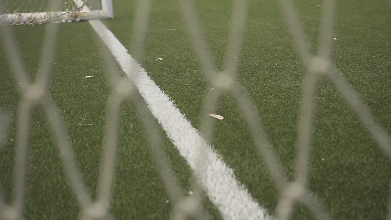 Soccer field's touchline viewed through goal net, revealing textured ...