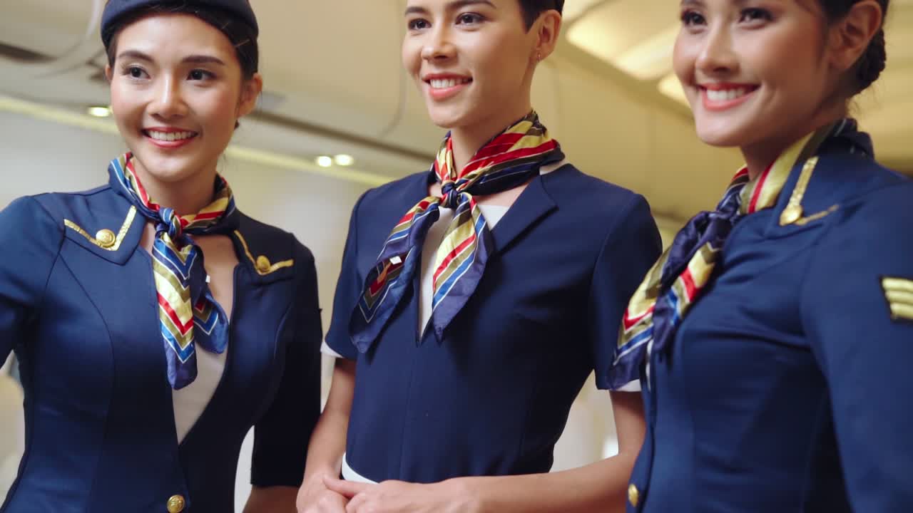 Premium stock video - Group of cabin crew or air hostess in airplane