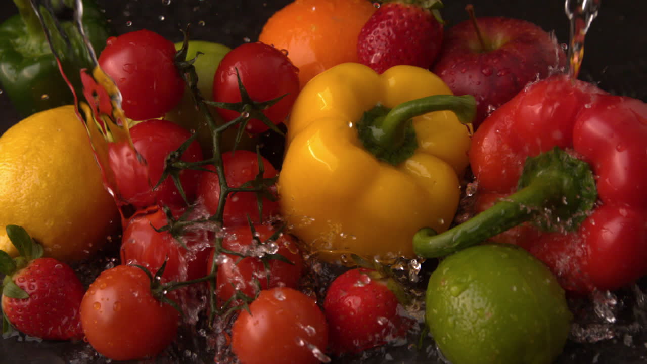 Premium stock video - Water raining on selection of fresh fruit and ...