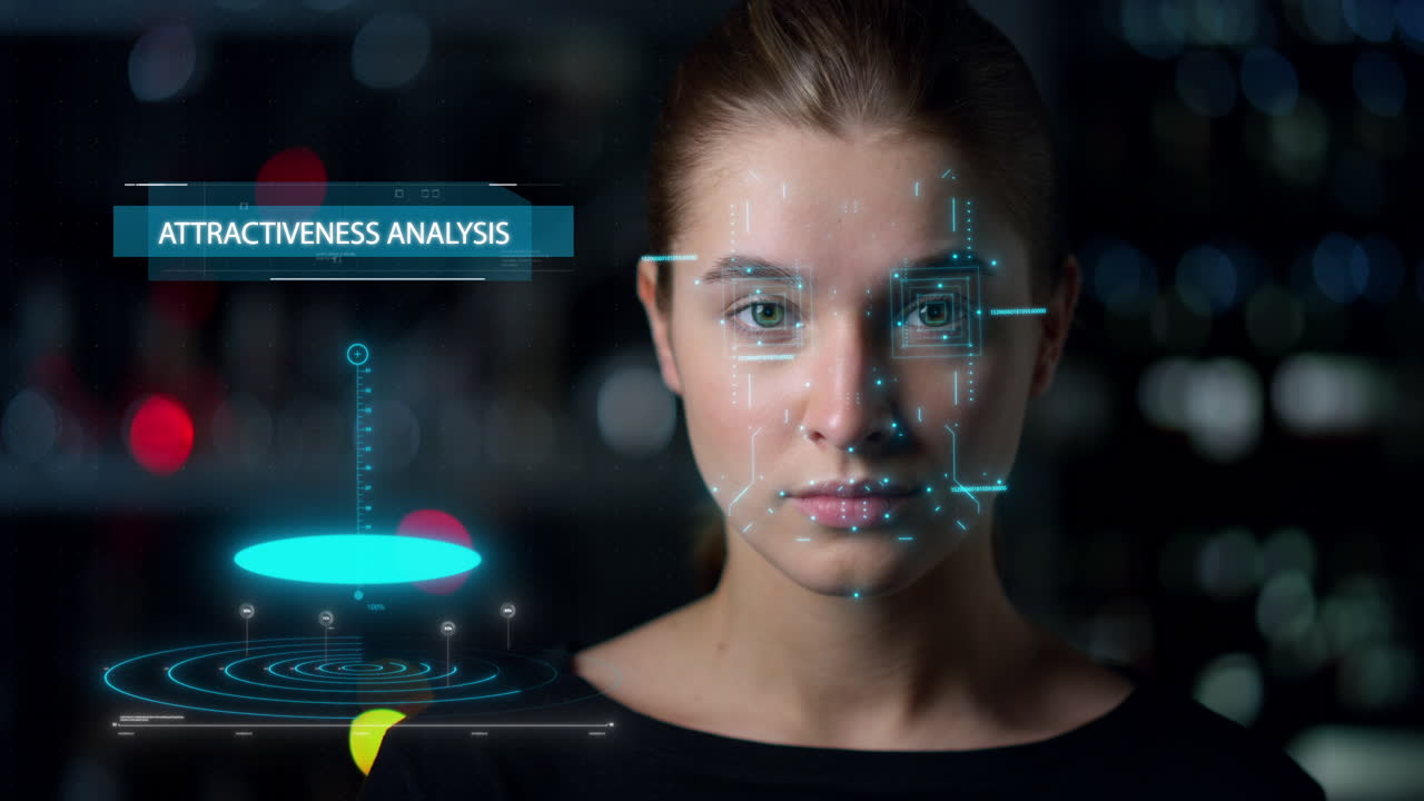 Close up attractiveness analysis face scan process researching woman ...