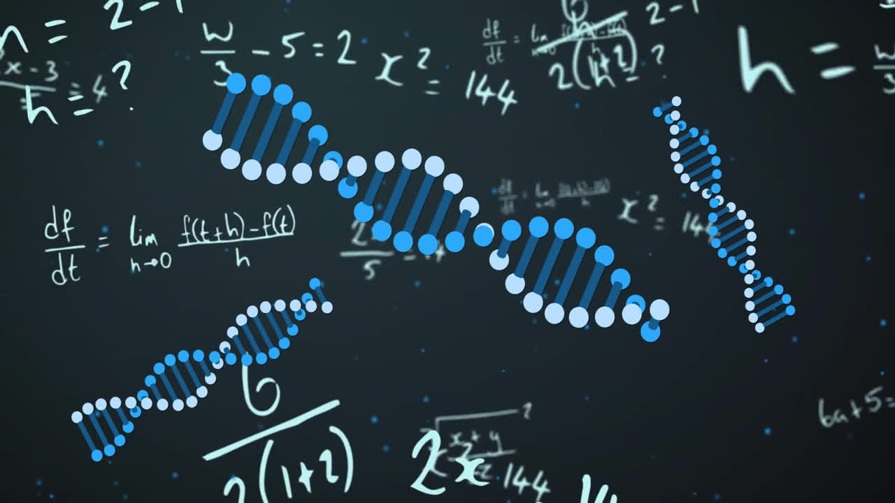 Animation of dna strands over mathematical equations on black ...
