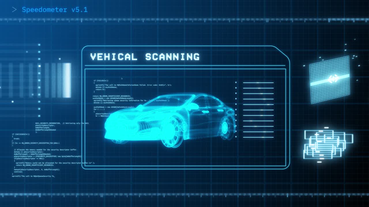 Blue hud driving car scanning user interface in pixels display ...