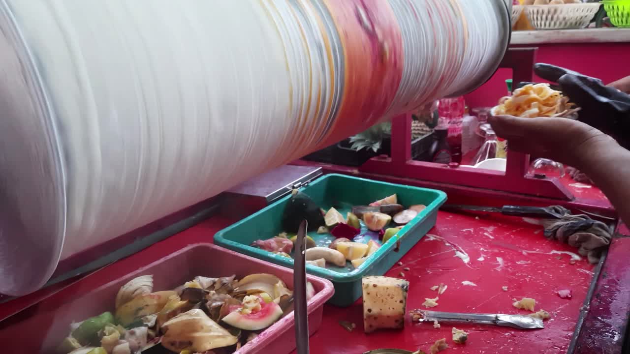 Fruit Roller Ice Cream Drum With Frozen Layers Ice Cream Making On Hand ...