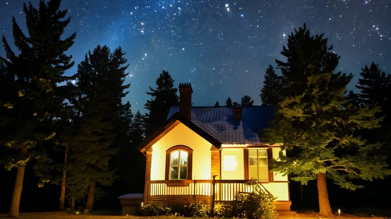 Night at the cozy cottage under a starry sky Premium Stock Video Footage