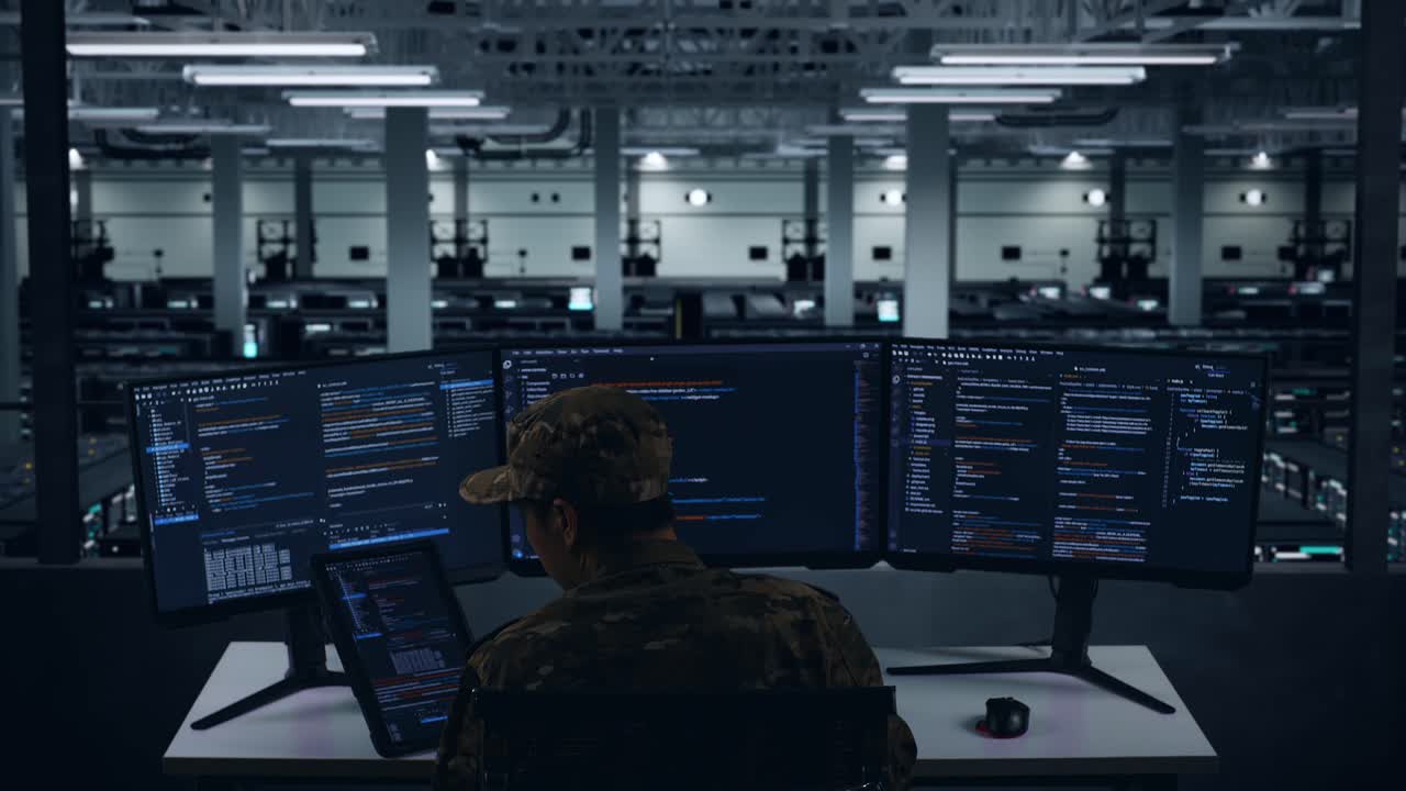 Military Programmer in a Data Center | Premium Stock Video Footage
