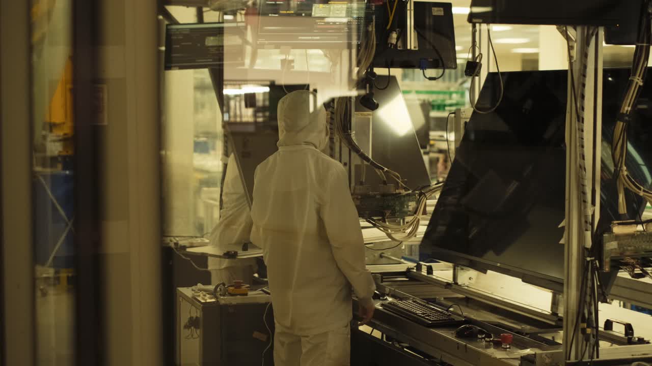Workers In White Clothing Produce LCD TVs In A Clean Room At The TV ...