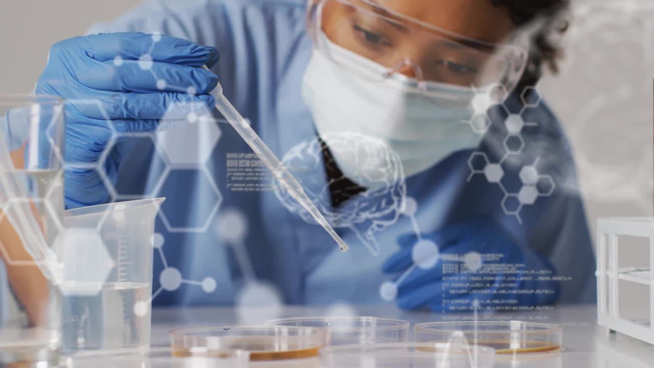 Animation of science data processing over biracial female scientist ...