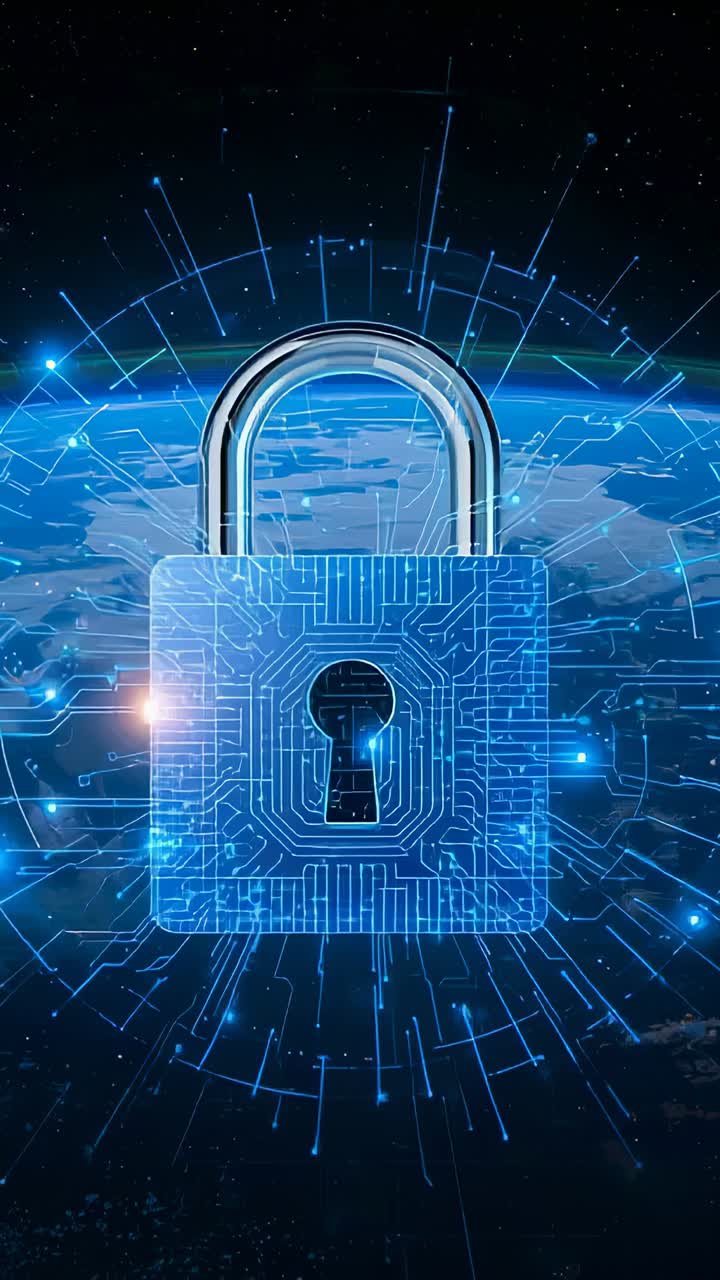Vertical video: Appearing central blue padlock sending pulses across ...