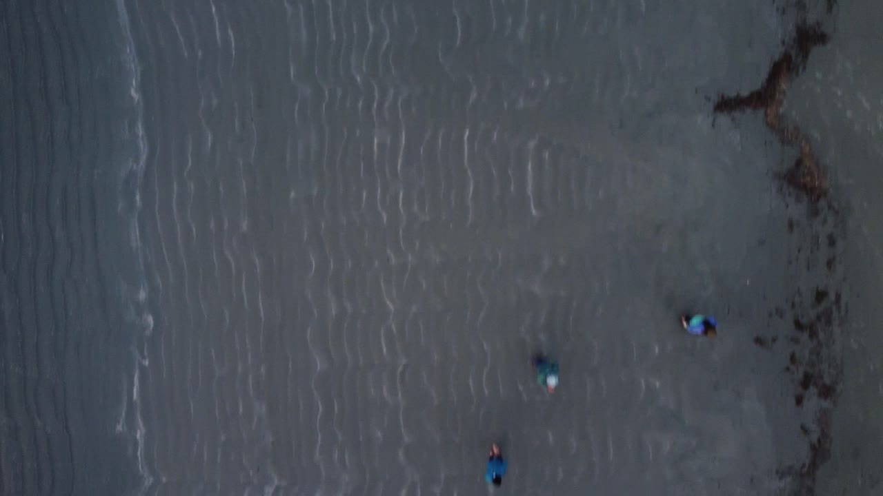 Beautiful drone dolly flyover of people walking on a sandy beach in ...