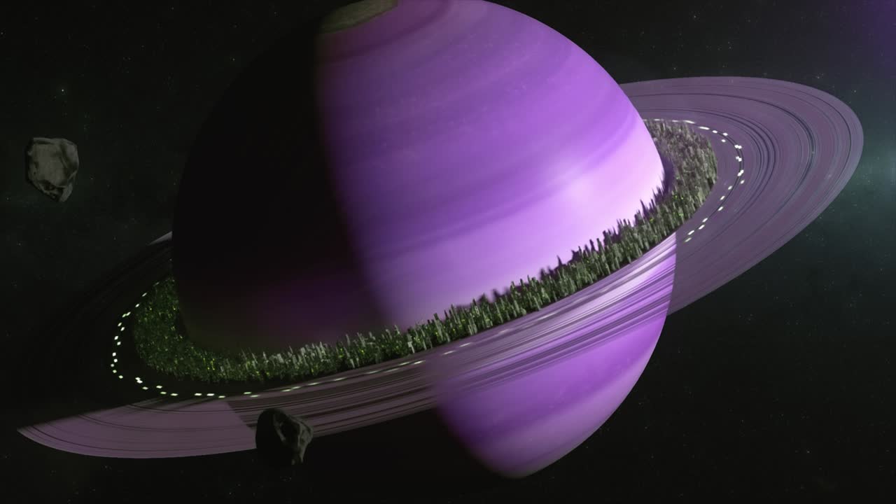 Planet Saturn in outer space. City located along the rings of Saturn ...