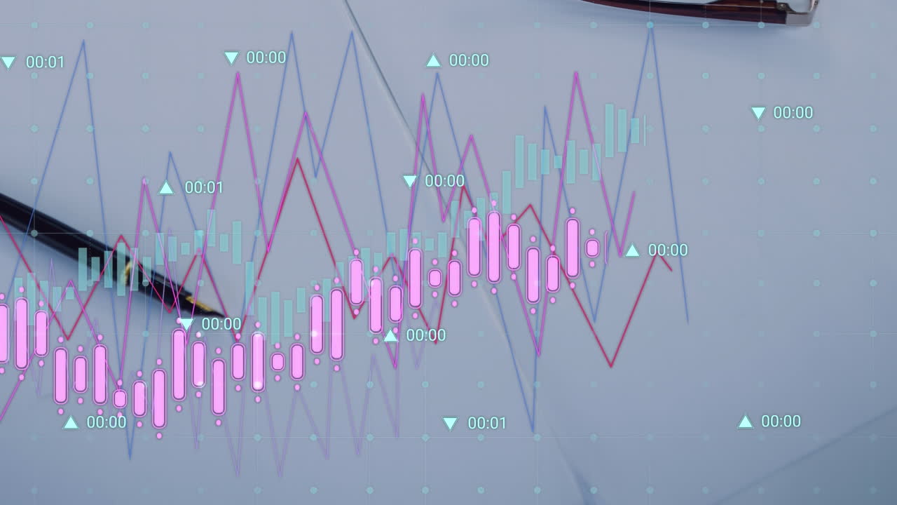 Animation of multiple graphs and trading board over ink pen on white ...