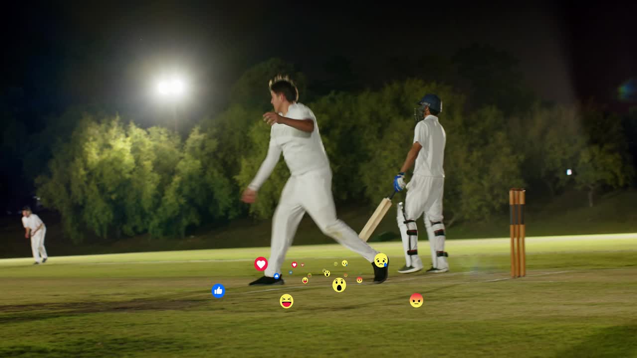 Bowler bowling, batsman defending stumps, bowler returning, emojis ...