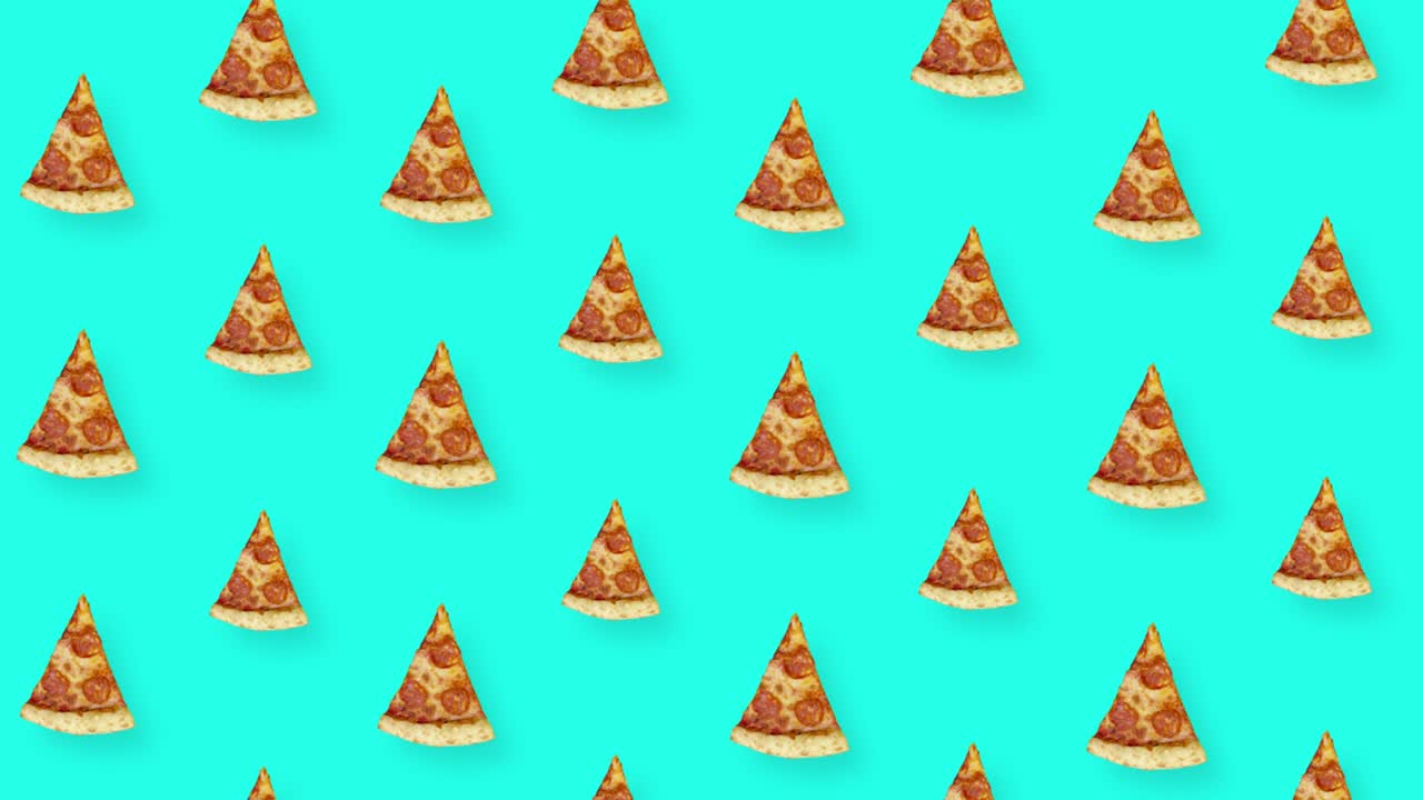 Colorful pattern of pizza isolated on turquoise background. Seamless ...