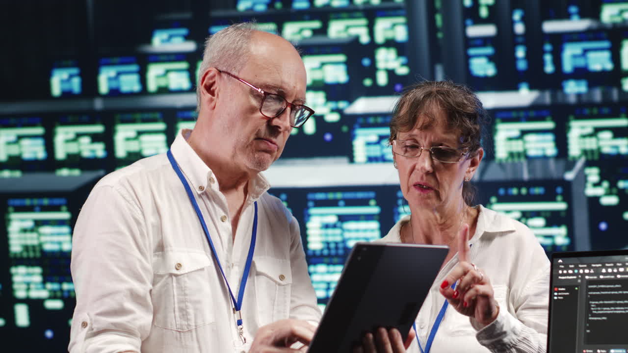 Programmers running code in data center Premium Stock Video Footage