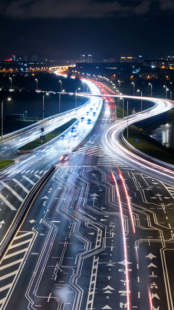 Highway at night with circuit board design | Premium Stock Video Footage
