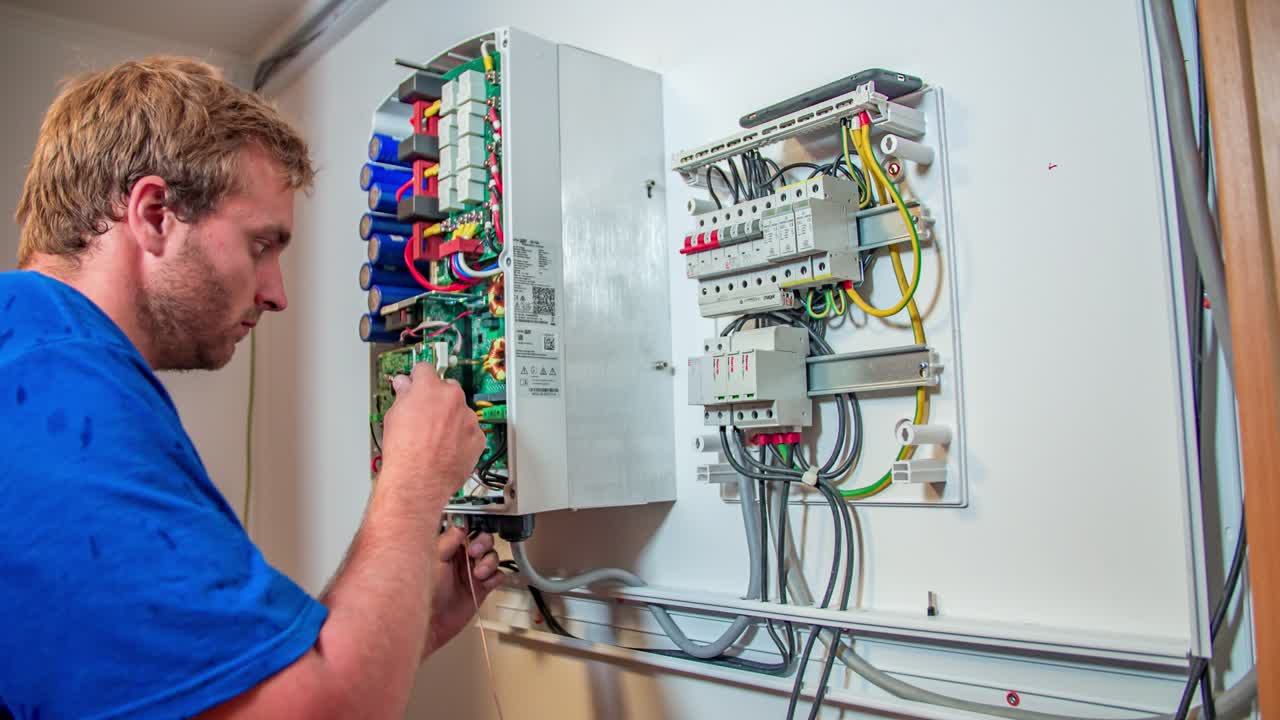 Professional Male Electrician Installs Electric Cables That Connect ...